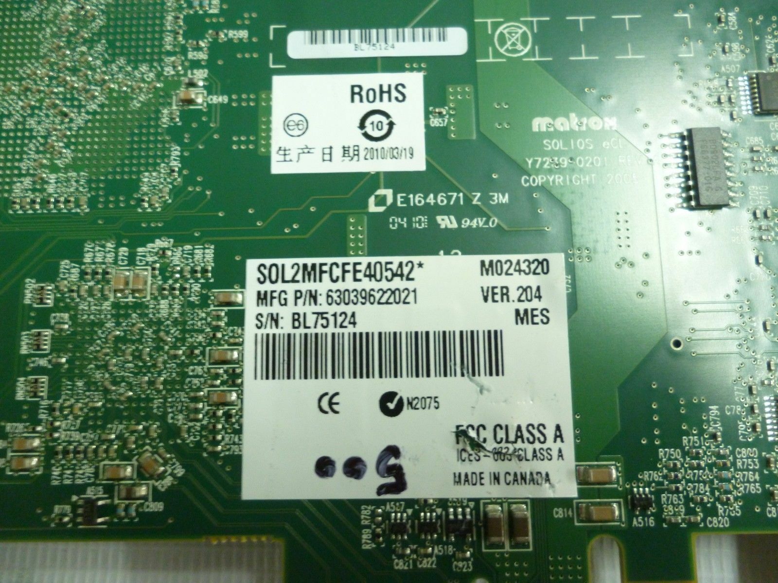 MATROX Solios Y7239-0201 Rev A ECL 63039622021 Ver 204 S0L2MFCFE40542 ...