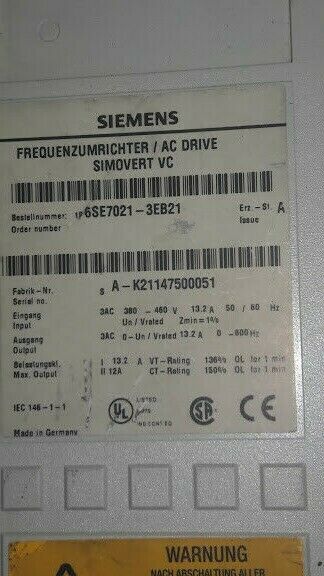 Siemens 6SE7021-3EB21 Frequenzumrichter/Ac Drive Simovert VC 6SE70213EB21 - Industrial SOL Pte Ltd