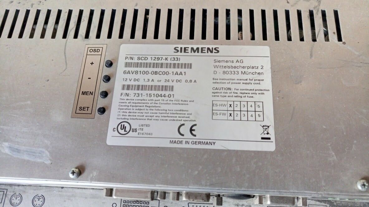 Siemens 6AV8100-0BC00-1AA1 SCD 1297-K 33 Operator Interface Panel ...