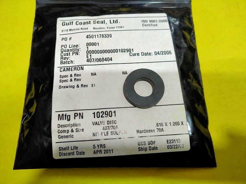 Parker Cameron P/N 102901 Valve Disc Nitrile Sulfur 70A free worldwide ...