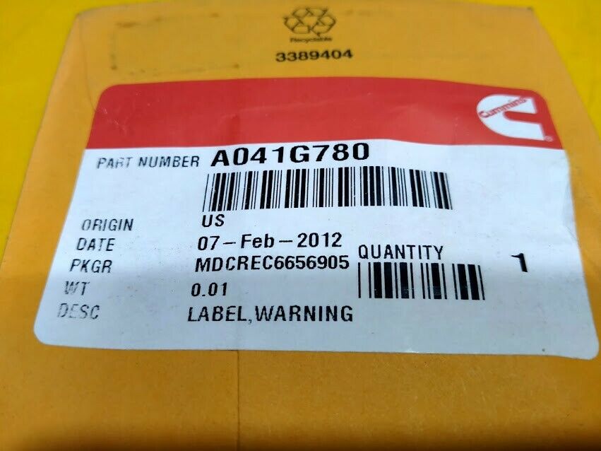 Cummins A041g780 WARNING LABEL GENUINE CUMMINS PART New - Industrial ...