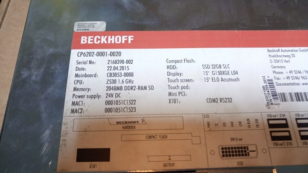 Beckhoff touch panel PC CP6202-001-0020 Key Technology CB3053-0008 ...