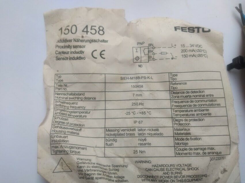 Festo SIEH-M18B-PS-K-L Proximity sensor Festo 150458 7mm 25Hz New ...