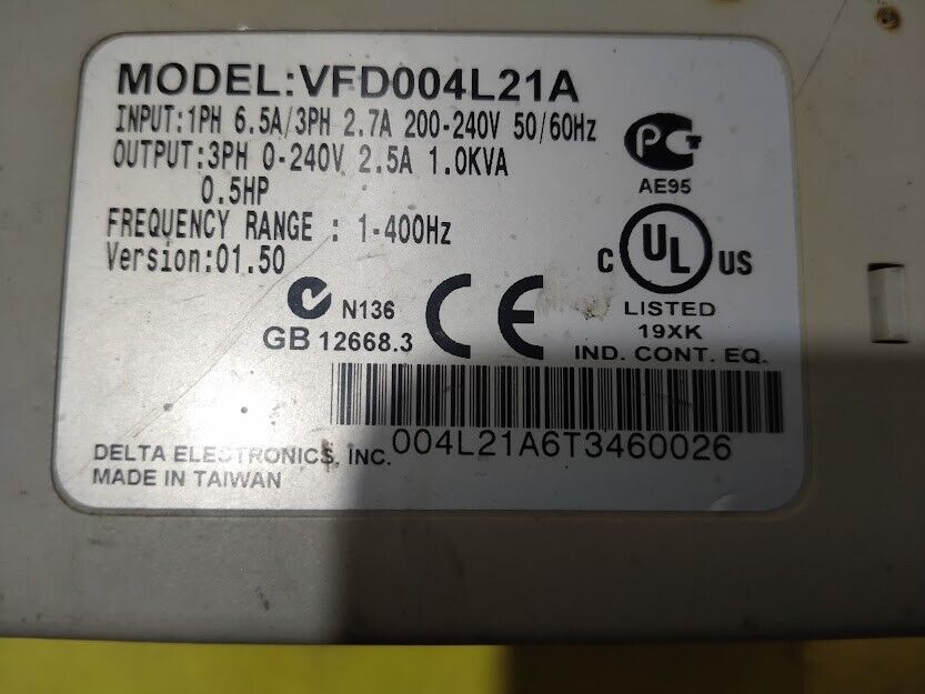 VFD004L21A delta inverter VFD-L 0.4kW 230V 1 Phase 0.5HP Ver. 01.50 ...