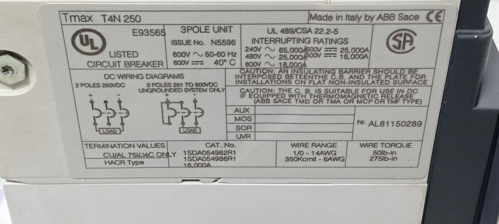ABB Sace Tmax T4N 250 Circuit Breaker 3 Pole Amp 600 VAC - Industrial ...