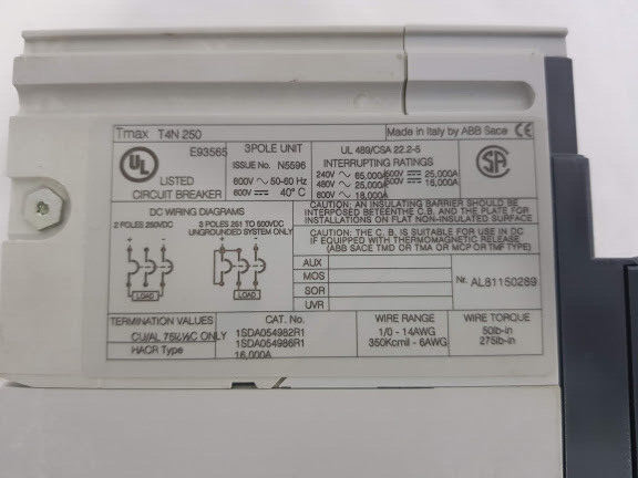 ABB Sace Tmax T4N 250 Circuit Breaker 3 Pole Amp 600 VAC - Industrial ...
