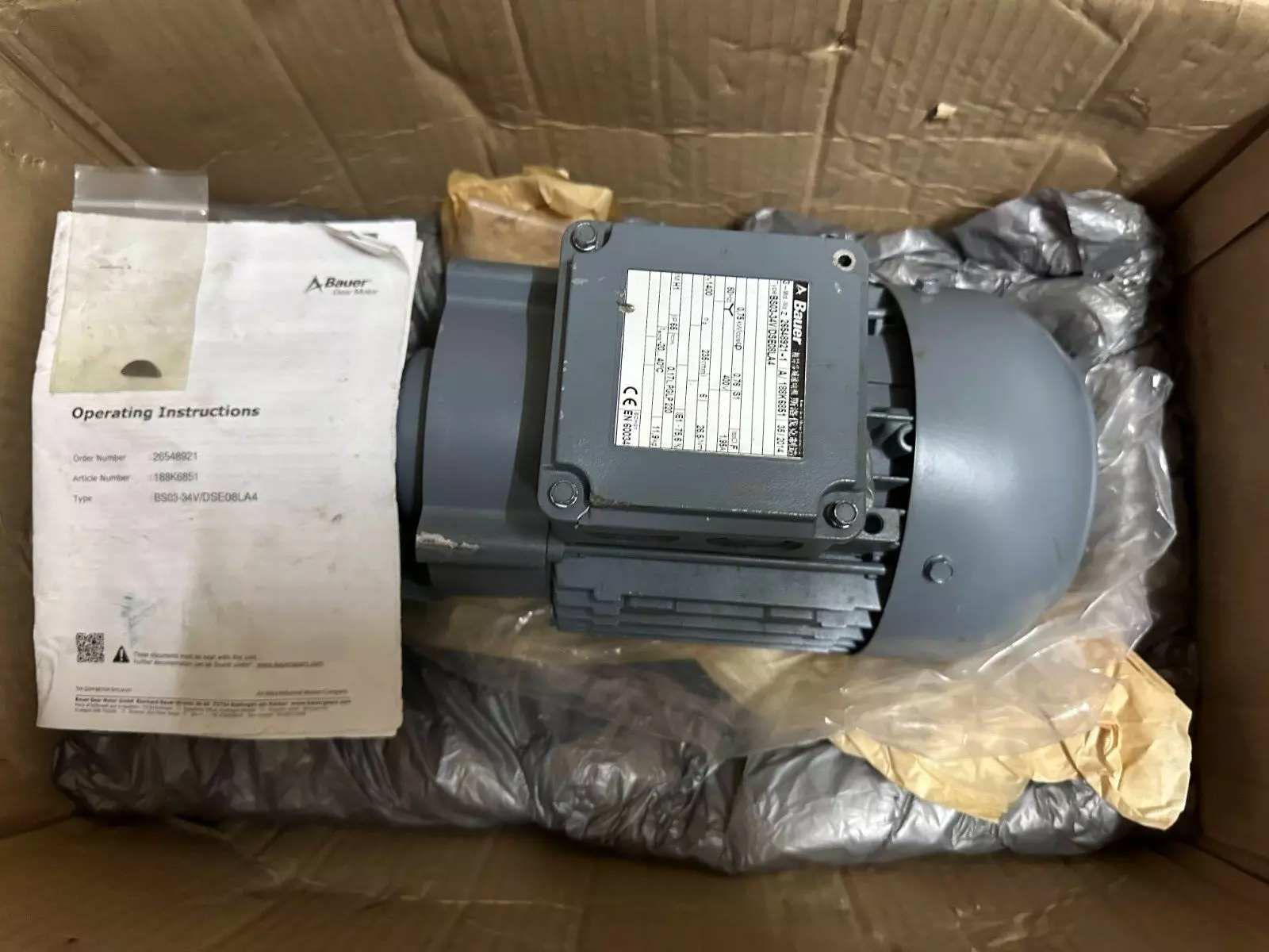 Bauer BS03-34V/DSE08LA4 Worm-Geared Motor 26548921-1 BS Series 235r/min ...